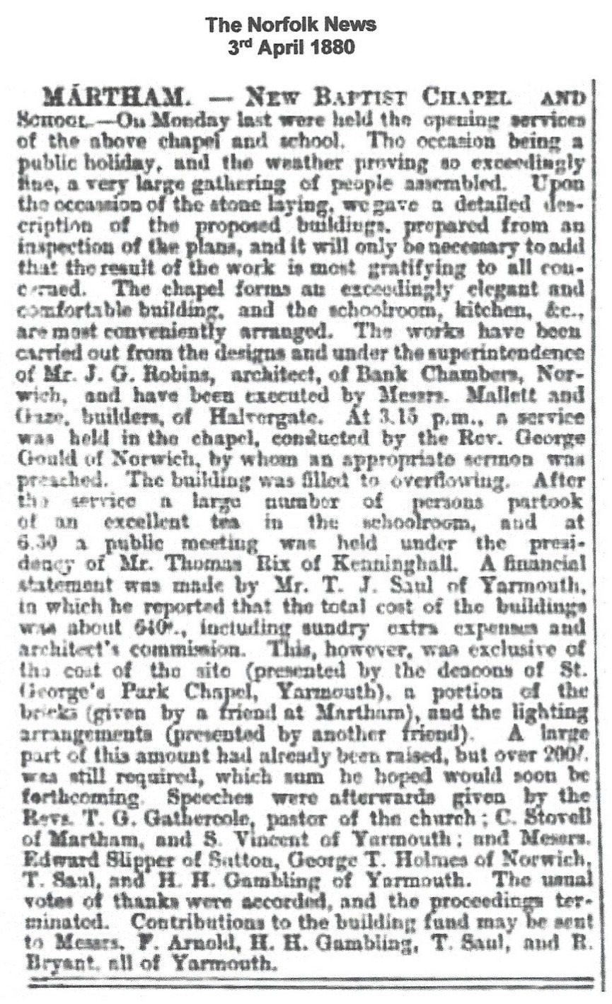 Baptist Church, Martham – Home of the History of Martham, Norfolk